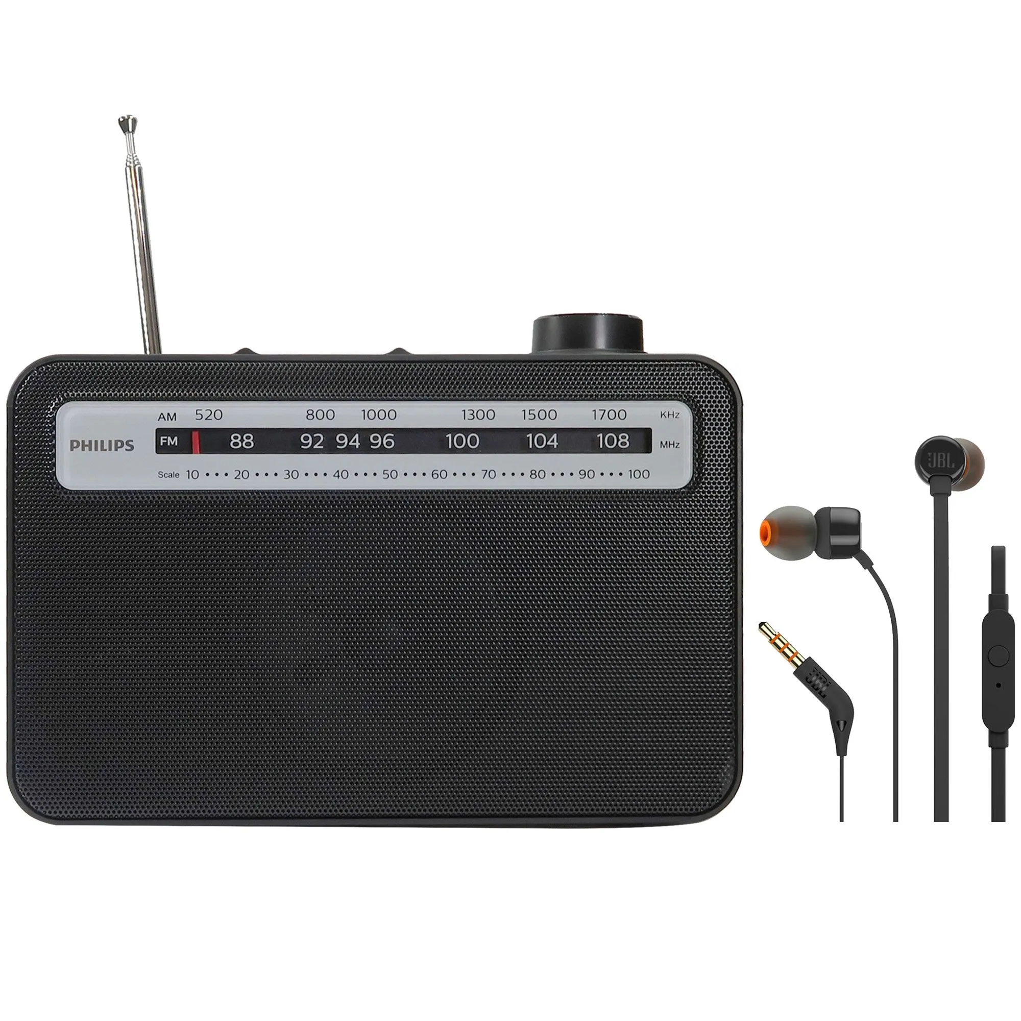 Philips AM FM Portable Radio 2000 Series with JBL T110 In Ear Headphones