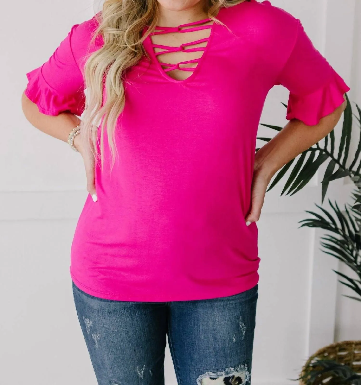 143 Story Crossing Wires Top In Fuchsia