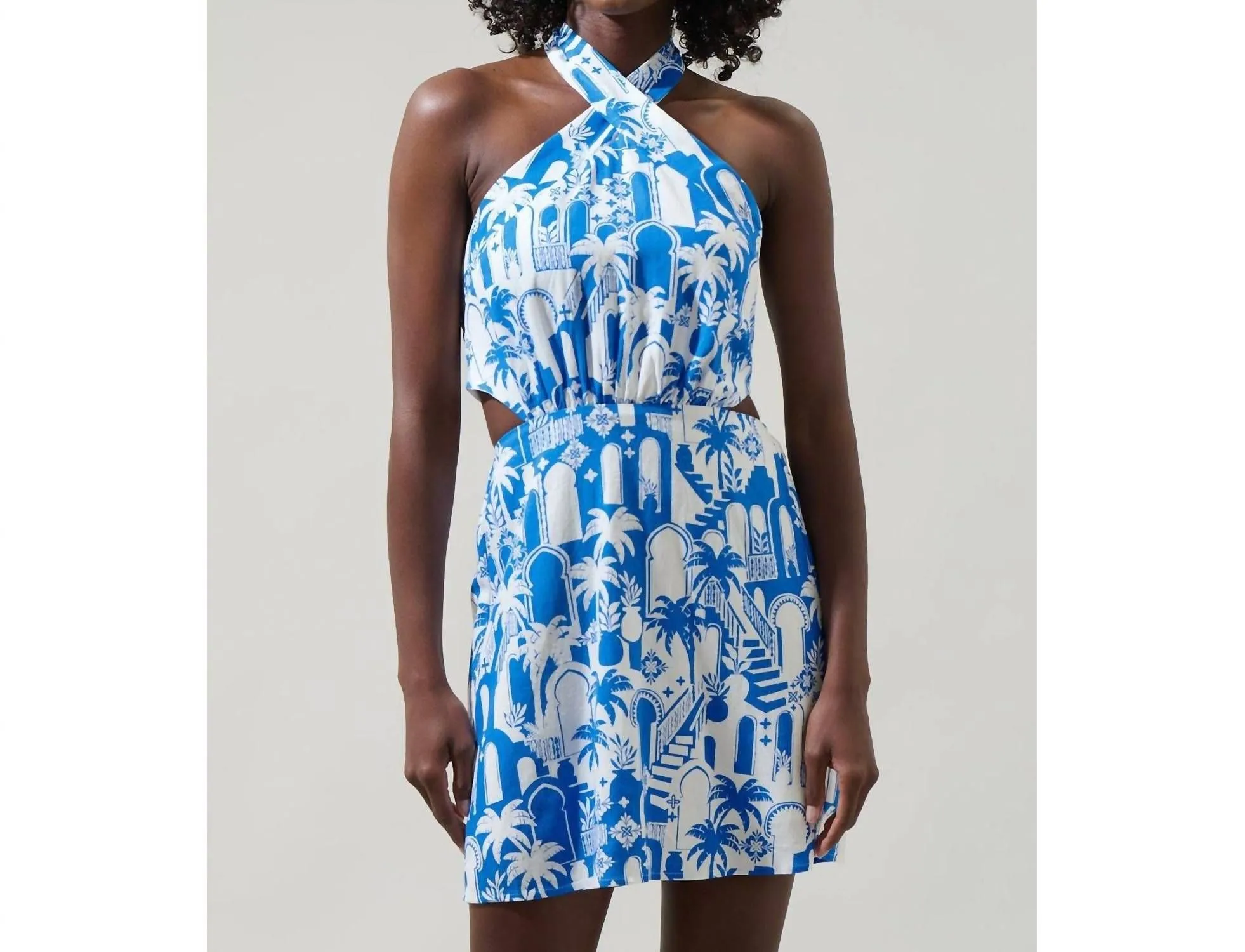 Sugarlips Nala Delta Halter Mini Dress In White-Blue