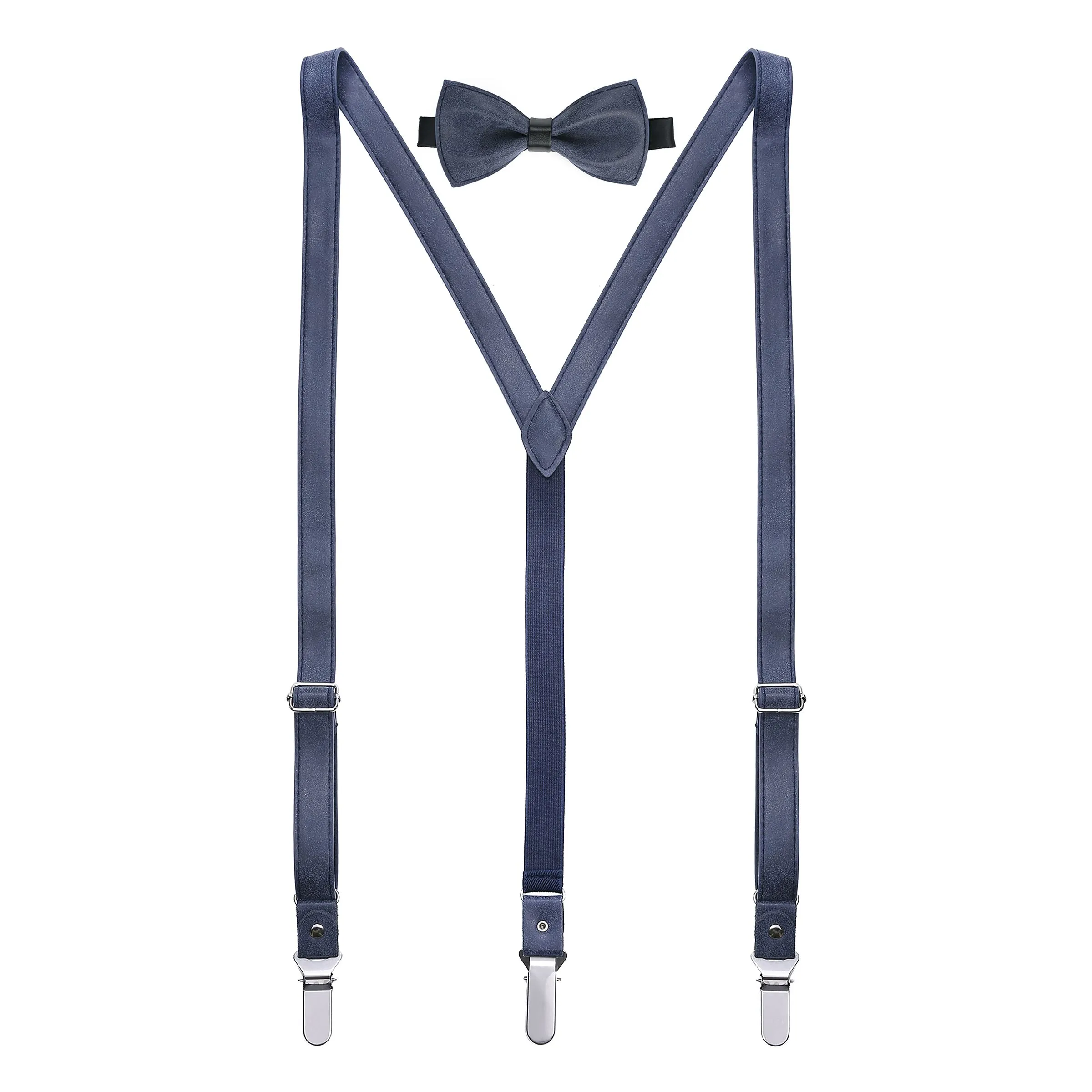 Mio Marino Men's Suede Y-Back Suspenders Bow Tie-Navy Blue-48